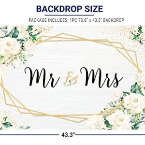 Allenjoy White Floral Mr & Mrs Engagement Decorations Backdrop for Couples Wedding Bride and Groom Engaged Ceremony Anniversary Bridal Shower Supplies Photo Booth Props Background