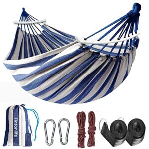 tintonlife brazilian double hammock (max 450lb)- 2 person soft canvas cotton fabric hammock with tree strap-portable hammock with traval bag for patio porch garden backyard,outdoor/indoor – blue/white