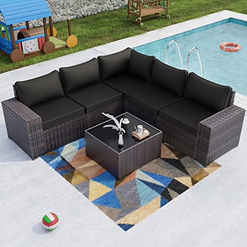 Kullavik Outdoor Patio Furniture Set 6 Pieces Sectional Rattan Sofa Set Brown PE Rattan Wicker Patio Conversation Set with 5 Seat Cushions and 1 Tempered Glass Table