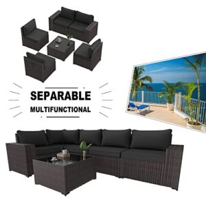 Kullavik Outdoor Patio Furniture Set 6 Pieces Sectional Rattan Sofa Set Brown PE Rattan Wicker Patio Conversation Set with 5 Seat Cushions and 1 Tempered Glass Table