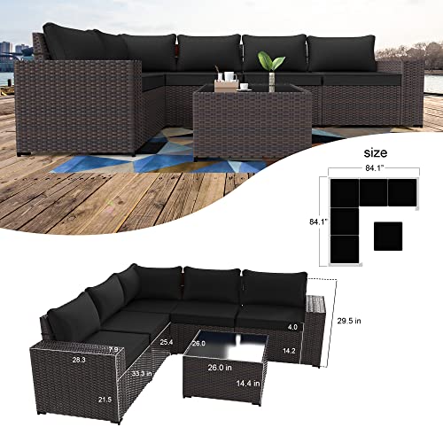 Kullavik Outdoor Patio Furniture Set 6 Pieces Sectional Rattan Sofa Set Brown PE Rattan Wicker Patio Conversation Set with 5 Seat Cushions and 1 Tempered Glass Table