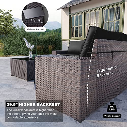 Kullavik Outdoor Patio Furniture Set 6 Pieces Sectional Rattan Sofa Set Brown PE Rattan Wicker Patio Conversation Set with 5 Seat Cushions and 1 Tempered Glass Table