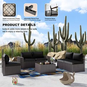 Kullavik Outdoor Patio Furniture Set 6 Pieces Sectional Rattan Sofa Set Brown PE Rattan Wicker Patio Conversation Set with 5 Seat Cushions and 1 Tempered Glass Table