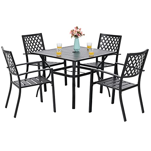 MFSTUDIO 5 Piece Black Metal Outdoor Patio Dining Bistro Set with 4 Armrest Chairs and Steel Frame Slat Larger Square Table, 37" Table and 4 Backyard Garden Chairs Outdoor Furniture Set, Black …