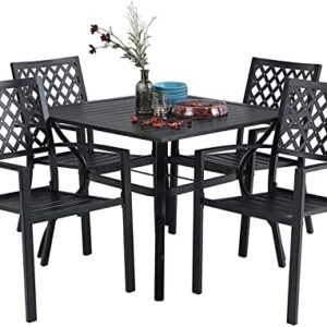 MFSTUDIO 5 Piece Black Metal Outdoor Patio Dining Bistro Set with 4 Armrest Chairs and Steel Frame Slat Larger Square Table, 37" Table and 4 Backyard Garden Chairs Outdoor Furniture Set, Black …