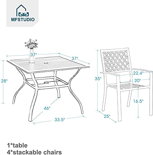 MFSTUDIO 5 Piece Black Metal Outdoor Patio Dining Bistro Set with 4 Armrest Chairs and Steel Frame Slat Larger Square Table, 37" Table and 4 Backyard Garden Chairs Outdoor Furniture Set, Black …