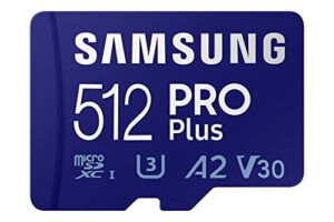 samsung pro plus + adapter 512gb microsdxc up to 160mb/s uhs-i, u3, a2, v30, full hd & 4k uhd memory card for android smartphones, tablets, go pro and dji drone (mb-md512ka/am)