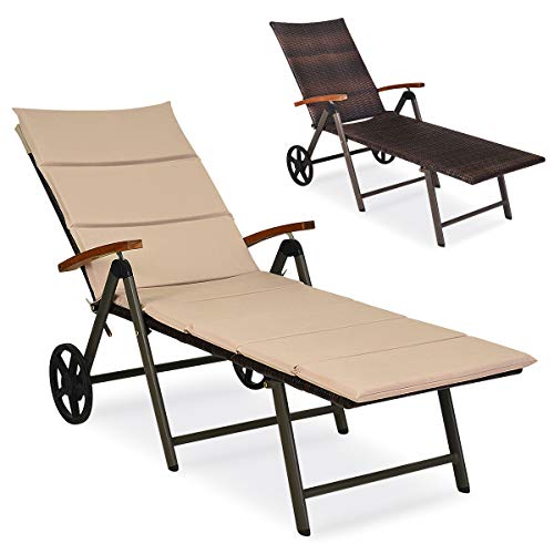 Tangkula Foldable Outdoor Chaise, Wicker Lounger Chair with Aluminum Frame, with Wheels for Easy Moving, 7-Position Adjustable Cushioned Rattan Chaise, Suitable for Poolside, Garden, Balcony and Patio