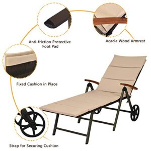 Tangkula Foldable Outdoor Chaise, Wicker Lounger Chair with Aluminum Frame, with Wheels for Easy Moving, 7-Position Adjustable Cushioned Rattan Chaise, Suitable for Poolside, Garden, Balcony and Patio