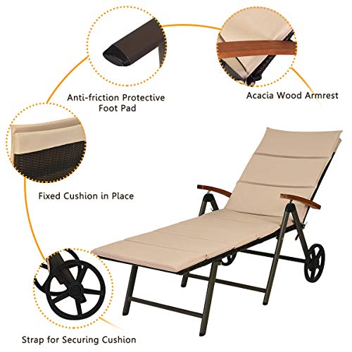 Tangkula Foldable Outdoor Chaise, Wicker Lounger Chair with Aluminum Frame, with Wheels for Easy Moving, 7-Position Adjustable Cushioned Rattan Chaise, Suitable for Poolside, Garden, Balcony and Patio