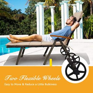 Tangkula Foldable Outdoor Chaise, Wicker Lounger Chair with Aluminum Frame, with Wheels for Easy Moving, 7-Position Adjustable Cushioned Rattan Chaise, Suitable for Poolside, Garden, Balcony and Patio