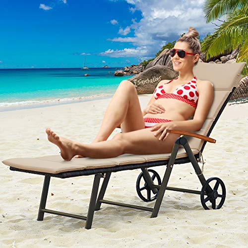 Tangkula Foldable Outdoor Chaise, Wicker Lounger Chair with Aluminum Frame, with Wheels for Easy Moving, 7-Position Adjustable Cushioned Rattan Chaise, Suitable for Poolside, Garden, Balcony and Patio