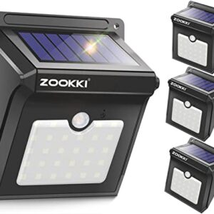 ZOOKKI Solar Outdoor Lights -120° Illumination Solar Motion Sensor Lights Outdoor - IP65 Waterproof Wireless Security Outdoor Solar Powered Lights for Garden Fence Patio Deck（28LED 4-Pack）