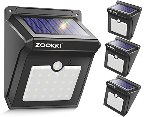 ZOOKKI Solar Outdoor Lights -120° Illumination Solar Motion Sensor Lights Outdoor - IP65 Waterproof Wireless Security Outdoor Solar Powered Lights for Garden Fence Patio Deck（28LED 4-Pack）