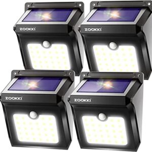 ZOOKKI Solar Outdoor Lights -120° Illumination Solar Motion Sensor Lights Outdoor - IP65 Waterproof Wireless Security Outdoor Solar Powered Lights for Garden Fence Patio Deck（28LED 4-Pack）