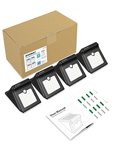 ZOOKKI Solar Outdoor Lights -120° Illumination Solar Motion Sensor Lights Outdoor - IP65 Waterproof Wireless Security Outdoor Solar Powered Lights for Garden Fence Patio Deck（28LED 4-Pack）