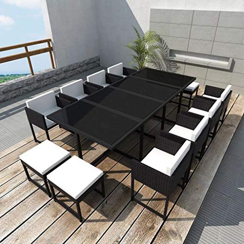 Tidyard Modern 12-Person Outdoor Dining Set 13 Pieces Furniture Set Tempered Glass Table Black Poly Rattan for Garden Patio