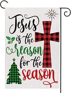 upinlook christmas garden flag vertical double sided jesus is the reason for the season burlap winter xmas tree cross farmhouse yard flag outdoor decor 12.5 x 18 inch