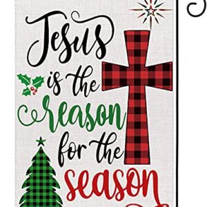 UPINLOOK Christmas Garden Flag Vertical Double Sided Jesus is The Reason for The Season Burlap Winter Xmas Tree Cross Farmhouse Yard Flag Outdoor Decor 12.5 x 18 Inch