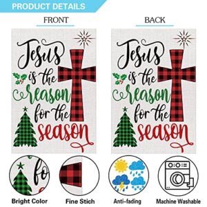 UPINLOOK Christmas Garden Flag Vertical Double Sided Jesus is The Reason for The Season Burlap Winter Xmas Tree Cross Farmhouse Yard Flag Outdoor Decor 12.5 x 18 Inch