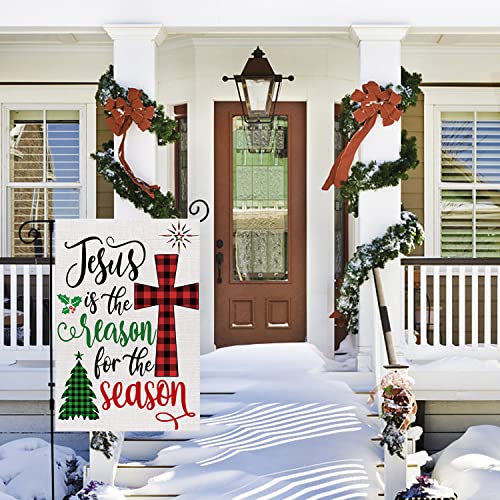 UPINLOOK Christmas Garden Flag Vertical Double Sided Jesus is The Reason for The Season Burlap Winter Xmas Tree Cross Farmhouse Yard Flag Outdoor Decor 12.5 x 18 Inch