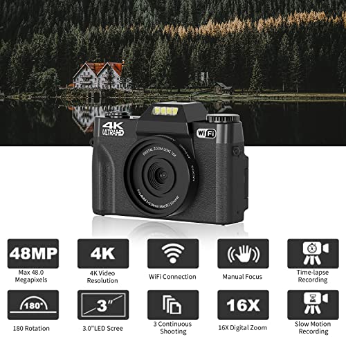 Digital Cameras for Photography, 4K 48MP Vlogging Camera for YouTube with WiFi, Manual Focus, 16X Digital Zoom, 52mm Wide Angle Lens & Macro Lens, 32GB TF Card and 2 Batteries(Black)