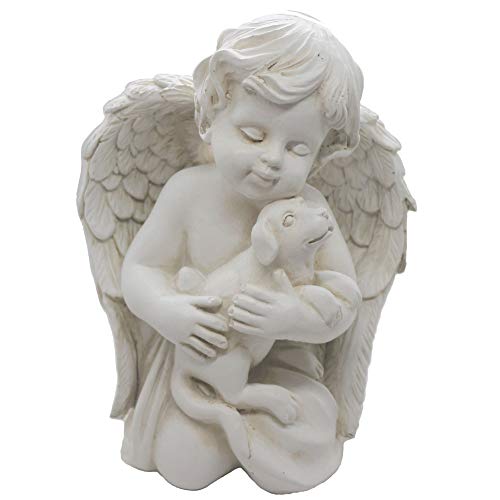 Angel with Dog Statue Pet Dog Memorial Statue Indoor Outdoor Home Garden Guardian Rememberance Dog Puppy Figurine, 7-in