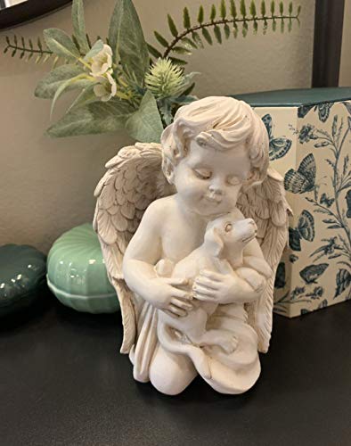 Angel with Dog Statue Pet Dog Memorial Statue Indoor Outdoor Home Garden Guardian Rememberance Dog Puppy Figurine, 7-in