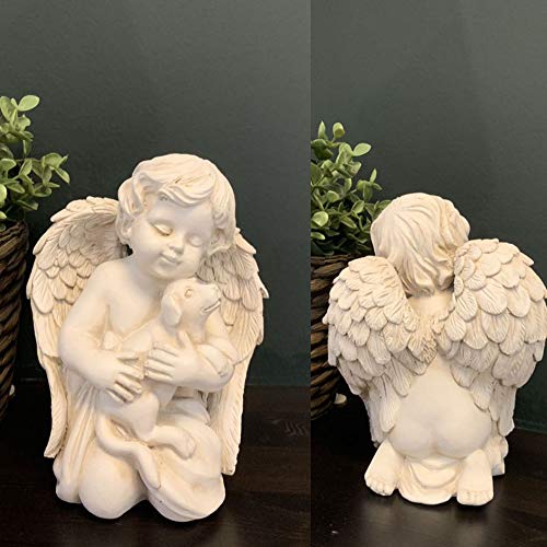 Angel with Dog Statue Pet Dog Memorial Statue Indoor Outdoor Home Garden Guardian Rememberance Dog Puppy Figurine, 7-in