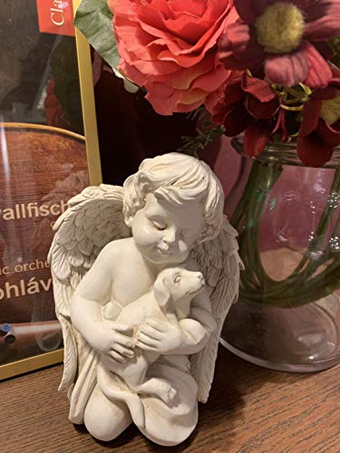 Angel with Dog Statue Pet Dog Memorial Statue Indoor Outdoor Home Garden Guardian Rememberance Dog Puppy Figurine, 7-in