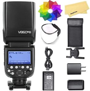 godox v860iii-s camera flash for sony camera flash speedlight speedlite light,76ws 2.4g ttl hss 1/8000s,480 full-power flashes,2600mah li-ion battery,0.01-1.5s recycle time,10 levels led modeling lamp