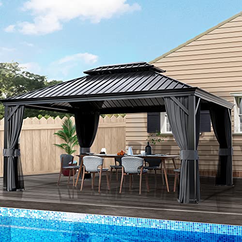 HAPPATIO 12' x 16' Hardtop Gazebo, Outdoor Aluminum Gazebo with Galvanized Steel，Double Roof Permanent Patio Metal Gazebo Canopy with Netting and Curtains for Garden, Patio, Lawns, Parties (Gray)