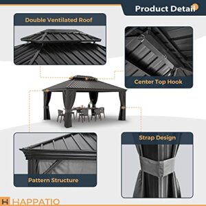 HAPPATIO 12' x 16' Hardtop Gazebo, Outdoor Aluminum Gazebo with Galvanized Steel，Double Roof Permanent Patio Metal Gazebo Canopy with Netting and Curtains for Garden, Patio, Lawns, Parties (Gray)