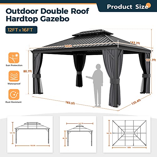 HAPPATIO 12' x 16' Hardtop Gazebo, Outdoor Aluminum Gazebo with Galvanized Steel，Double Roof Permanent Patio Metal Gazebo Canopy with Netting and Curtains for Garden, Patio, Lawns, Parties (Gray)