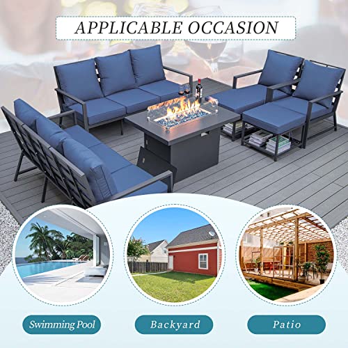 NICESOUL Outdoor Aluminum Furniture with Firepit Patio Conversation Sets with 43" Propane Fire Pit Table Luxury Sectional Sofa Set with Blue Cushions for Yard Pool Garden