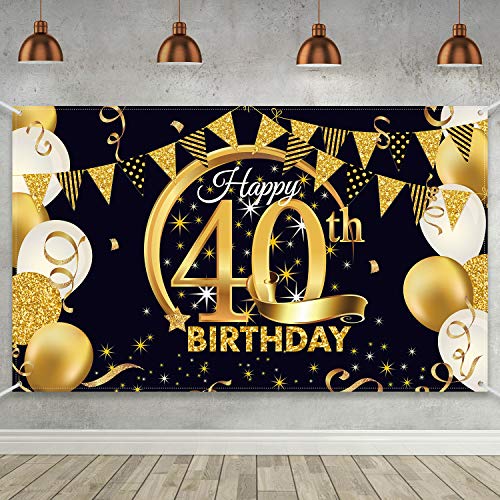 40th Birthday Party Decoration, Extra Large Fabric Black Gold Sign Poster for 40th Anniversary Photo Booth Backdrop Background Banner, 40th Birthday Party Supplies, 72.8 x 43.3 Inch (Style B)