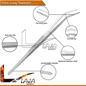 LAJA Imports Stainless Steel Extra-Long 18 Inch Tongs Tweezers Curved with Precision Serrated Tips for Garden, Kitchen, Indoor & Outdoor