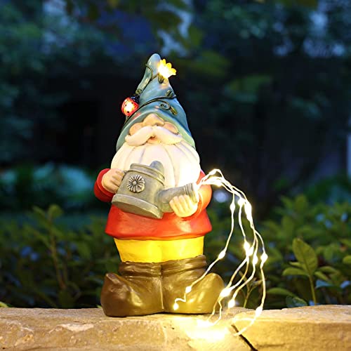 Vcdsoy Solar Garden Gnome Statues - Resin Gnomes Decor Figurines Holding Watering Can with Lights Funny Yard Gnome Waterproof for Outside Decoration Patio Lawn Chritsmas