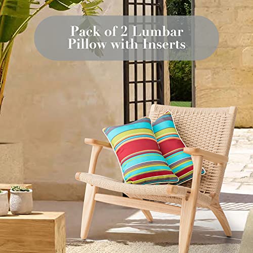 Enipate Outdoor Lumbar Pillows with Inserts, Water Resistant 12 x 20 Inch Striped Toss Pillows for Patio Furniture Decor, Pack of 2