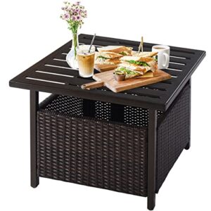 nightcore rattan umbrella side table, bistro wicker side table with storage slot, patio umbrella side table stand with 1.57″ umbrella hole, outdoor leisure coffee table for garden, poolside, deck