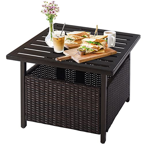 Nightcore Rattan Umbrella Side Table, Bistro Wicker Side Table with Storage Slot, Patio Umbrella Side Table Stand with 1.57" Umbrella Hole, Outdoor Leisure Coffee Table for Garden, Poolside, Deck