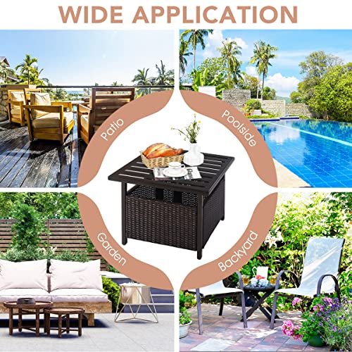 Nightcore Rattan Umbrella Side Table, Bistro Wicker Side Table with Storage Slot, Patio Umbrella Side Table Stand with 1.57" Umbrella Hole, Outdoor Leisure Coffee Table for Garden, Poolside, Deck