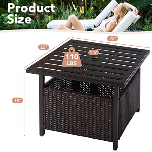 Nightcore Rattan Umbrella Side Table, Bistro Wicker Side Table with Storage Slot, Patio Umbrella Side Table Stand with 1.57" Umbrella Hole, Outdoor Leisure Coffee Table for Garden, Poolside, Deck