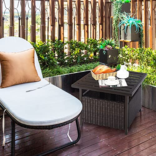 Nightcore Rattan Umbrella Side Table, Bistro Wicker Side Table with Storage Slot, Patio Umbrella Side Table Stand with 1.57" Umbrella Hole, Outdoor Leisure Coffee Table for Garden, Poolside, Deck