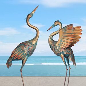 oritty 33-37 inch metal crane garden statue décor, bird heron garden sculpture & statues, outdoor decoration for yard pond lawn backyard pool, vintage spread wings crane, set of 2 copper