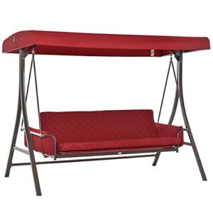 outsunny 3-seat patio swing chair, converting flatbed, outdoor porch swing glider with adjustable canopy, removable cushions, pillows for garden, poolside, backyard, red