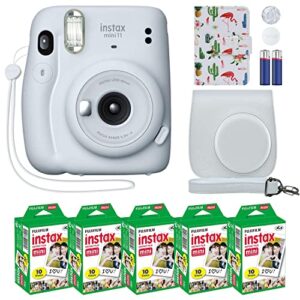 fujifilm instax mini 11 instant camera ice white + minimate accessory bundle & compatible custom case + fuji instax film value pack (50 sheets) flamingo designer photo album