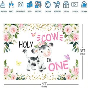 Ticuenicoa 5x3ft Holy Cow I'm One 1st Birthday Backdrop for Girls Baby Shower Photography Background Pink and Gold Floral Animals Bday Backdrops for Party Newborn Kids Supplies Photobooth Props…