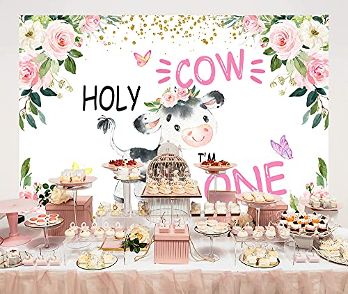 Ticuenicoa 5x3ft Holy Cow I'm One 1st Birthday Backdrop for Girls Baby Shower Photography Background Pink and Gold Floral Animals Bday Backdrops for Party Newborn Kids Supplies Photobooth Props…