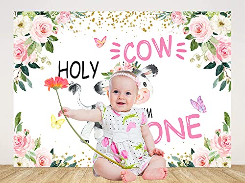 Ticuenicoa 5x3ft Holy Cow I'm One 1st Birthday Backdrop for Girls Baby Shower Photography Background Pink and Gold Floral Animals Bday Backdrops for Party Newborn Kids Supplies Photobooth Props…